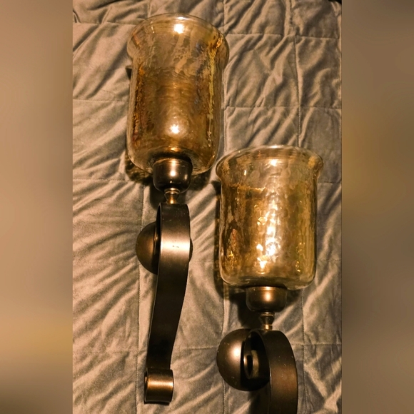Accents | Amber Scroll Metal Wall Sconce With Hurricane Jar Large Pair ...